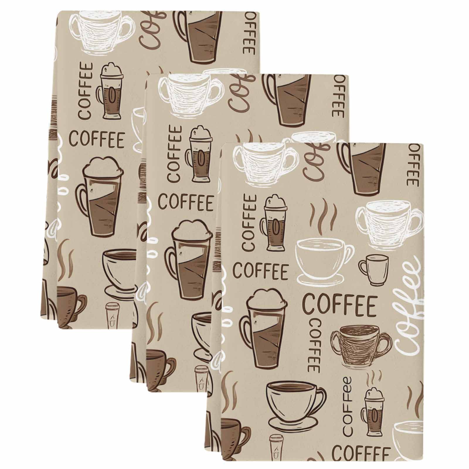 Coffee Kitchen Towels Set of 3, Beige Farmhouse Retro Beans Latte Tea ...