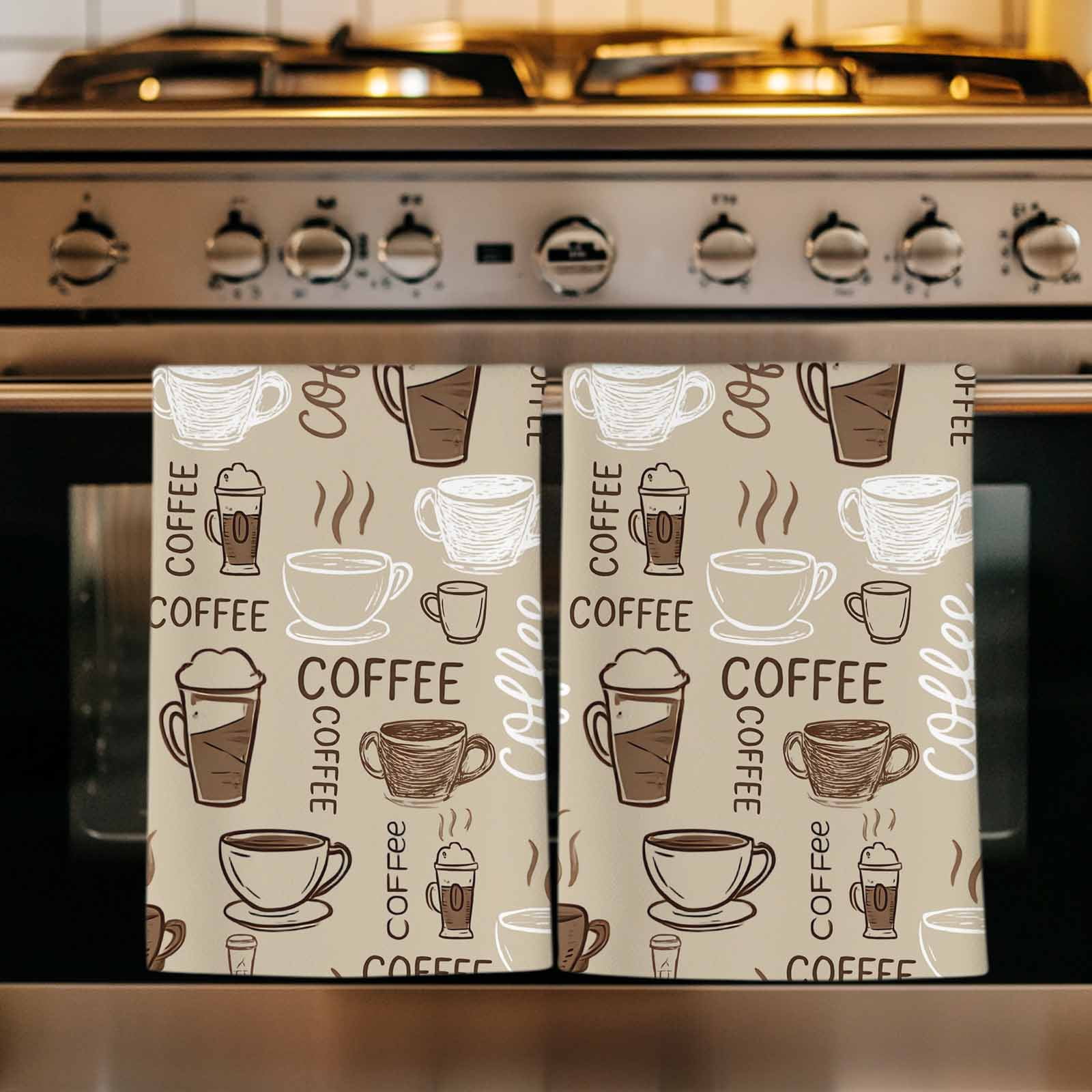Coffee Kitchen Towels Set of 4, Beige Farmhouse Retro Beans Latte Tea ...
