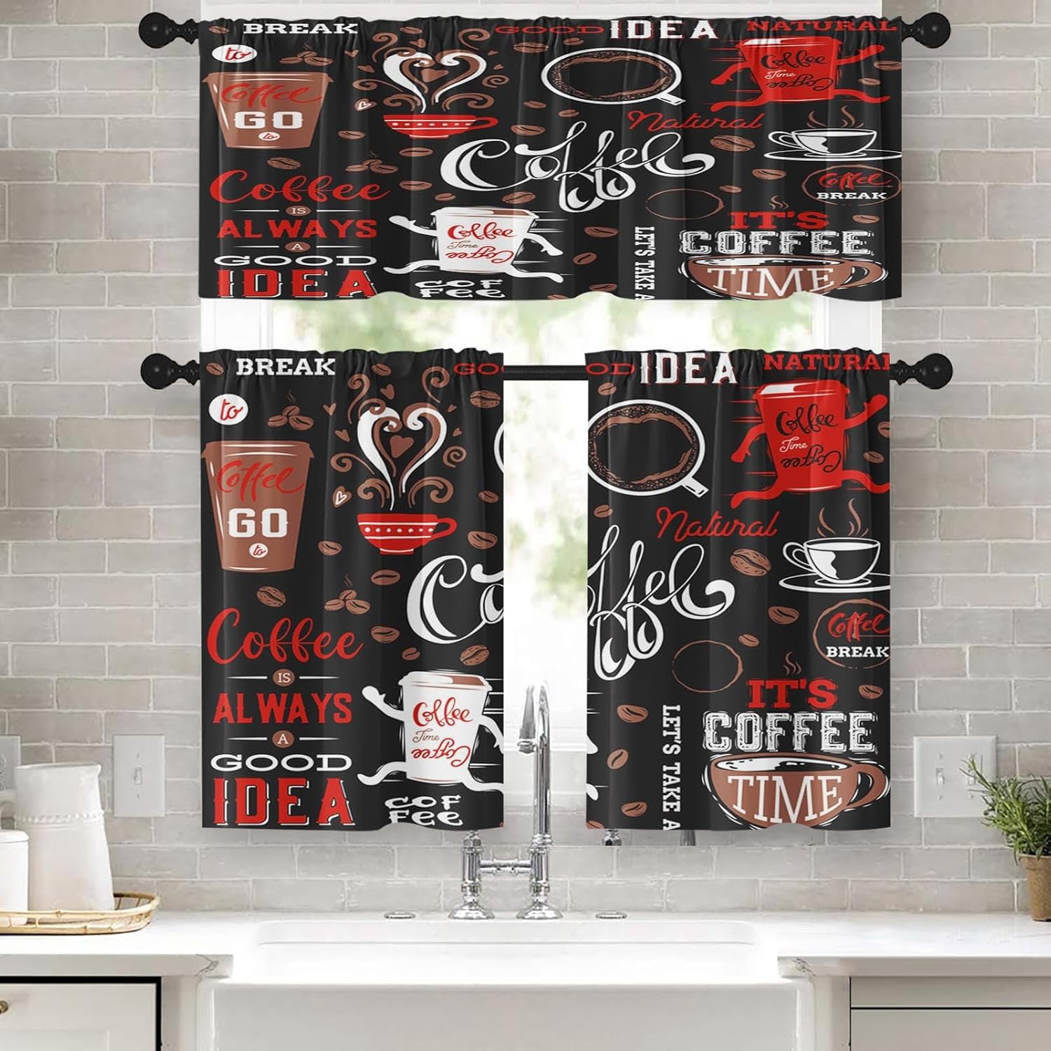 Coffee Kitchen Window Curtains Valance and Tier Set 36 Inch, Black Red ...