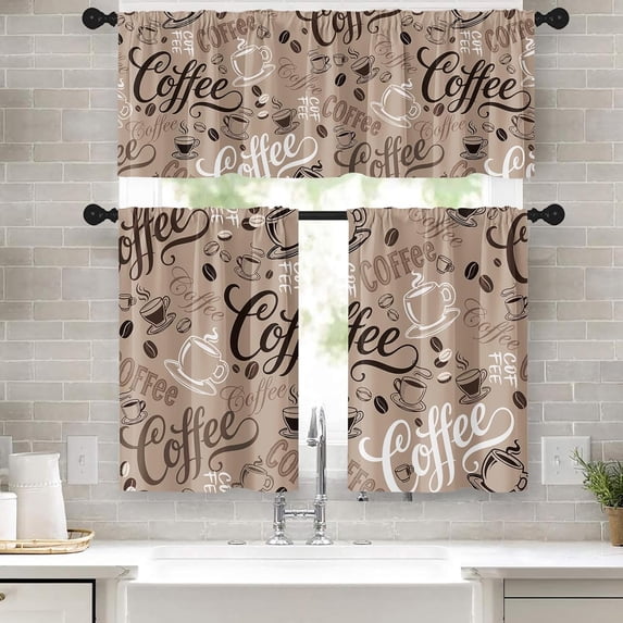 Coffee Kitchen Window Curtains Valance and Tier Set, Brown Farmhouse ...