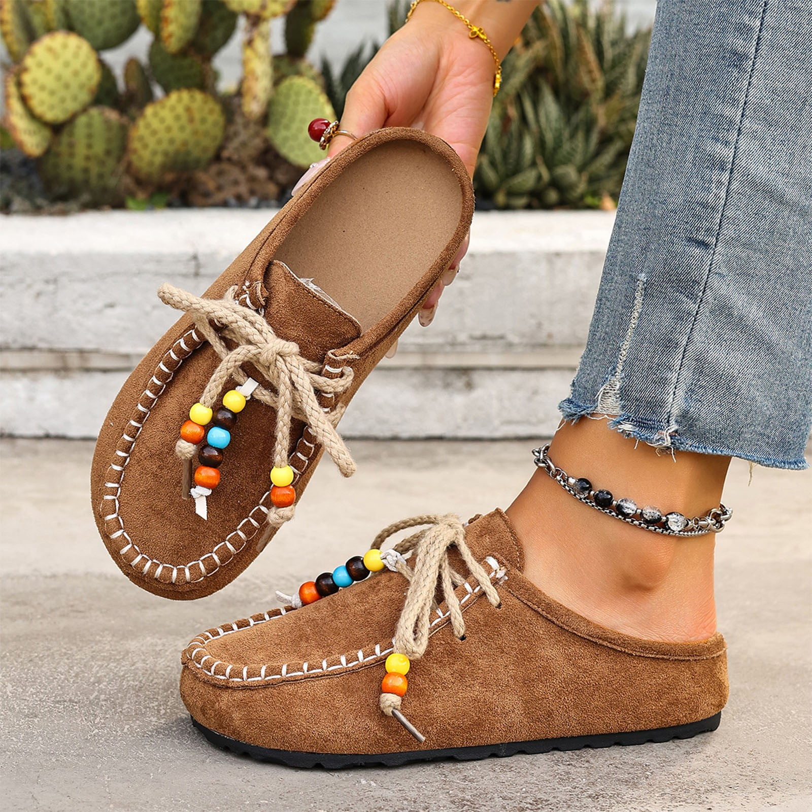 Coffee Ladies Flat Shoes Beaded Laced Soft Flock Moccasin Stitching ...