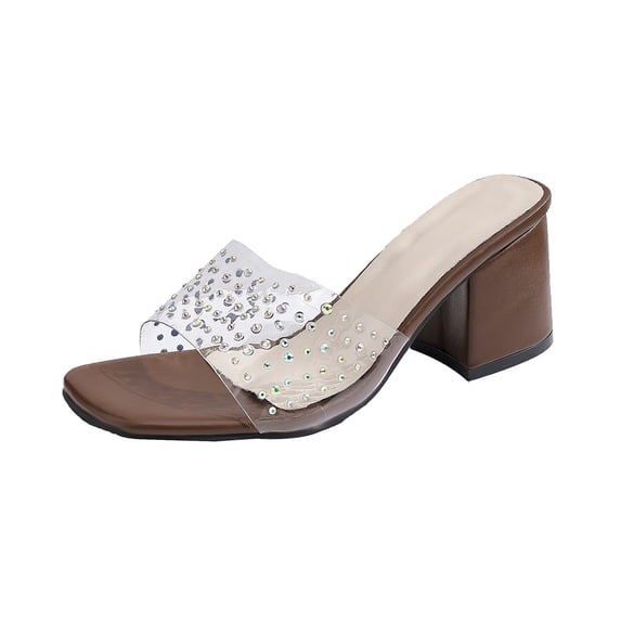 Coffee Ladies High Heel Slippers Square Open Toe Chunky Heel Comfort ...