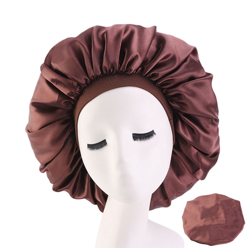 (Coffee) Large Night Sleeping Cap Hair Bonnet Hat Head Cover Satin Wide ...