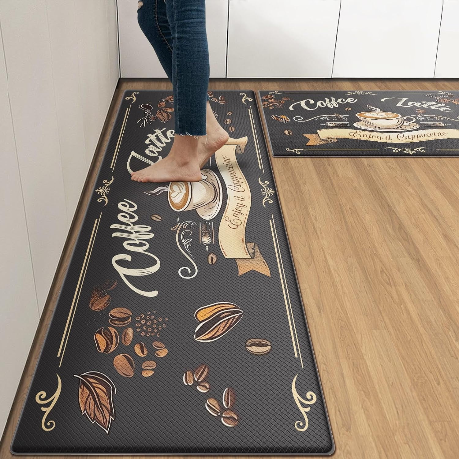 Coffee Latte Anti-Fatigue Kitchen Rug Set of 2 Brown Black Farmhouse ...