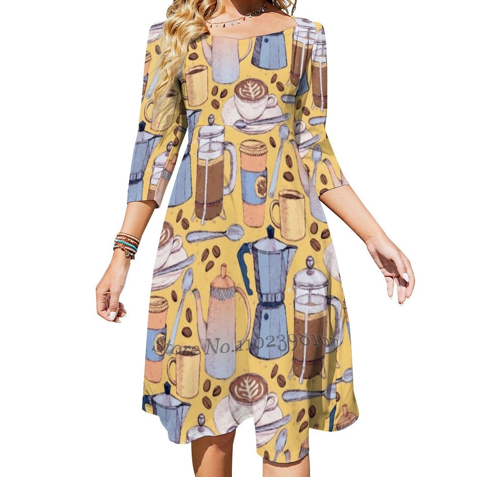 Coffee Love On Yellow Sweet Elegant Dress Women Korean Kawaii Square ...