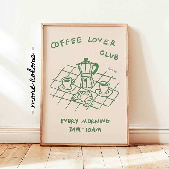 Coffee Lover Club Poster Retro Cafe Croissant Sage Green Minimal ...