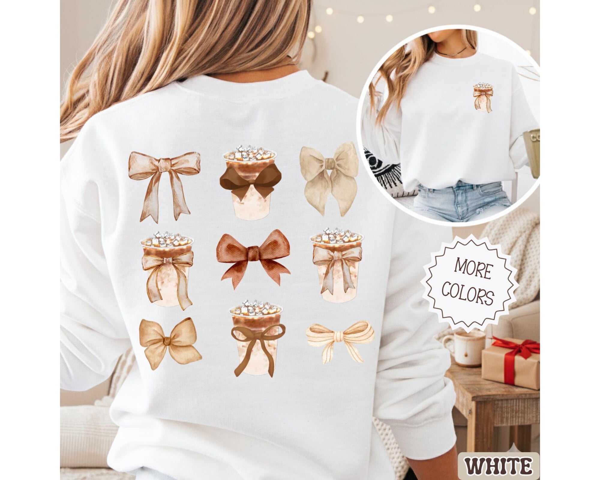 Coffee Lover TShirt Cozy Iced Coffee Crewneck with Bow Design Cute ...