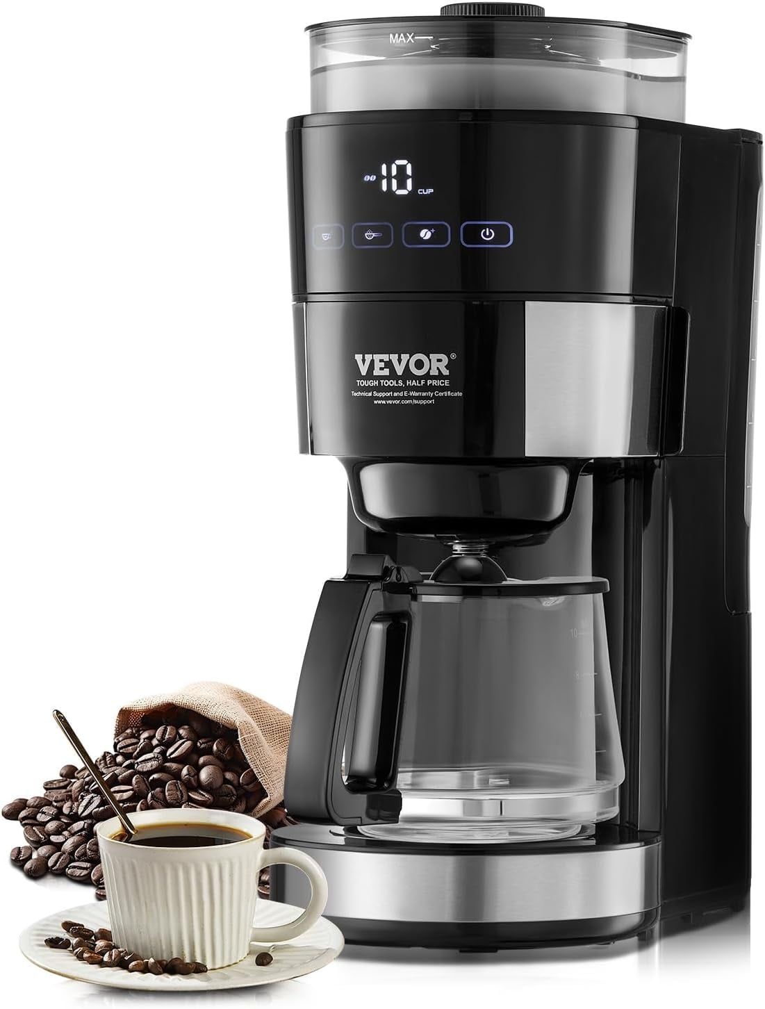 Coffee Maker with Grinder, 10 Cup Coffee Machine, Grind and Brew Coffee ...