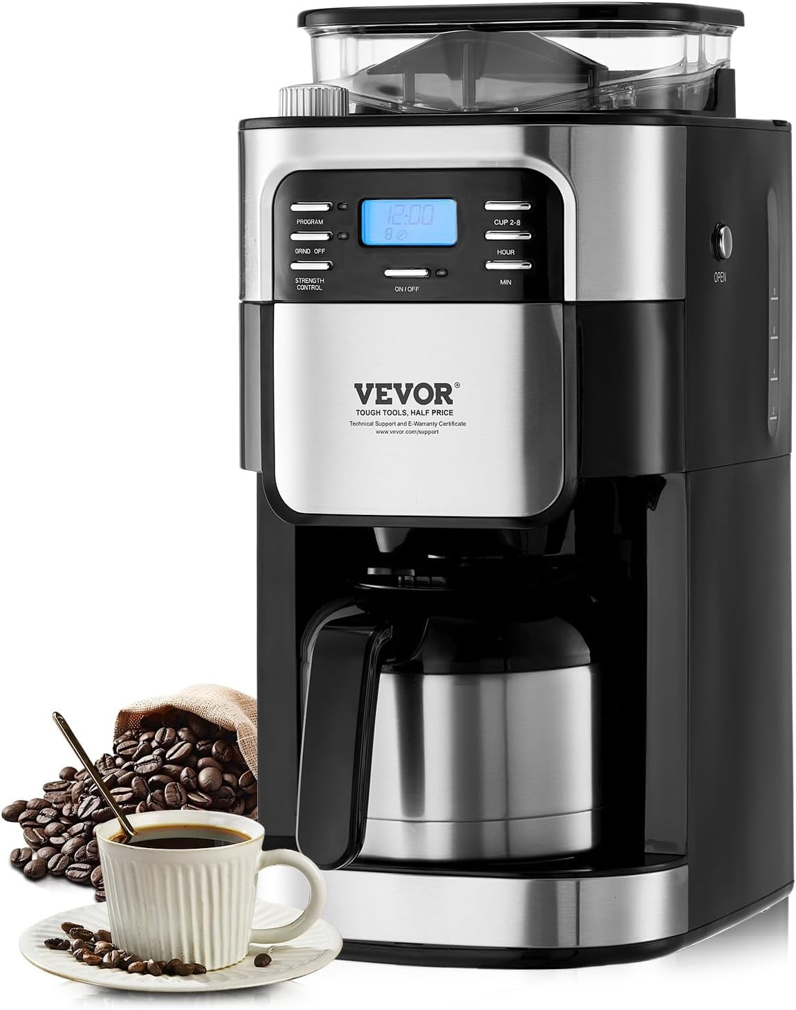 Coffee Maker with Grinder, 8 Cup Coffee Machine, Grind and Brew Coffee ...