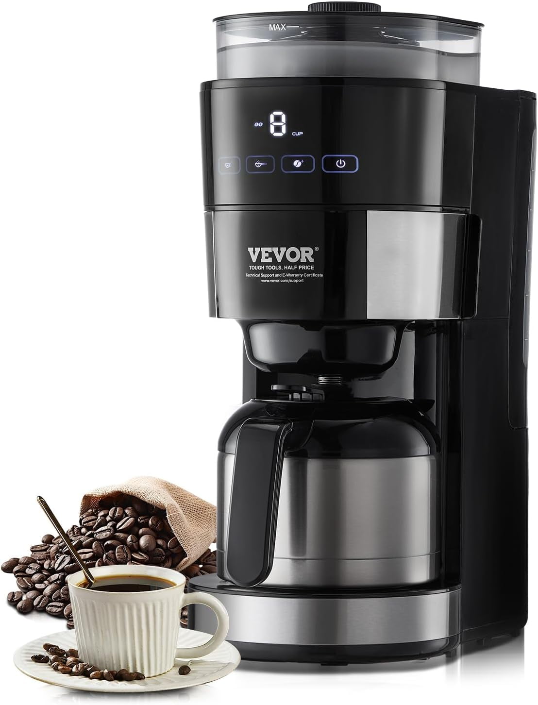Coffee Maker with Grinder, 8 Cup Programmable Coffee Machine, Grind and ...