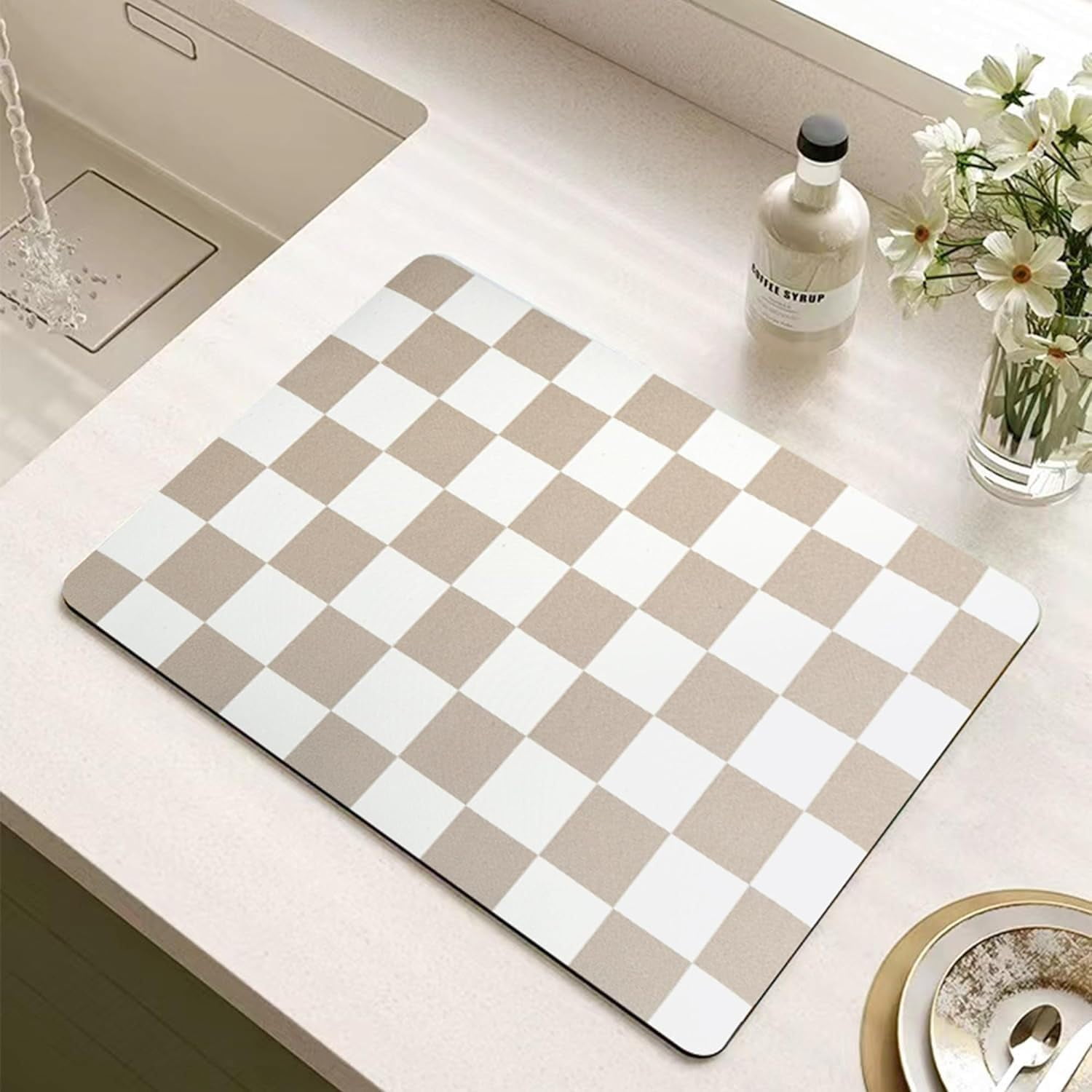 Coffee Mat Checkered Dish Drying Mat for Kitchen Counter Pad Absorbent ...