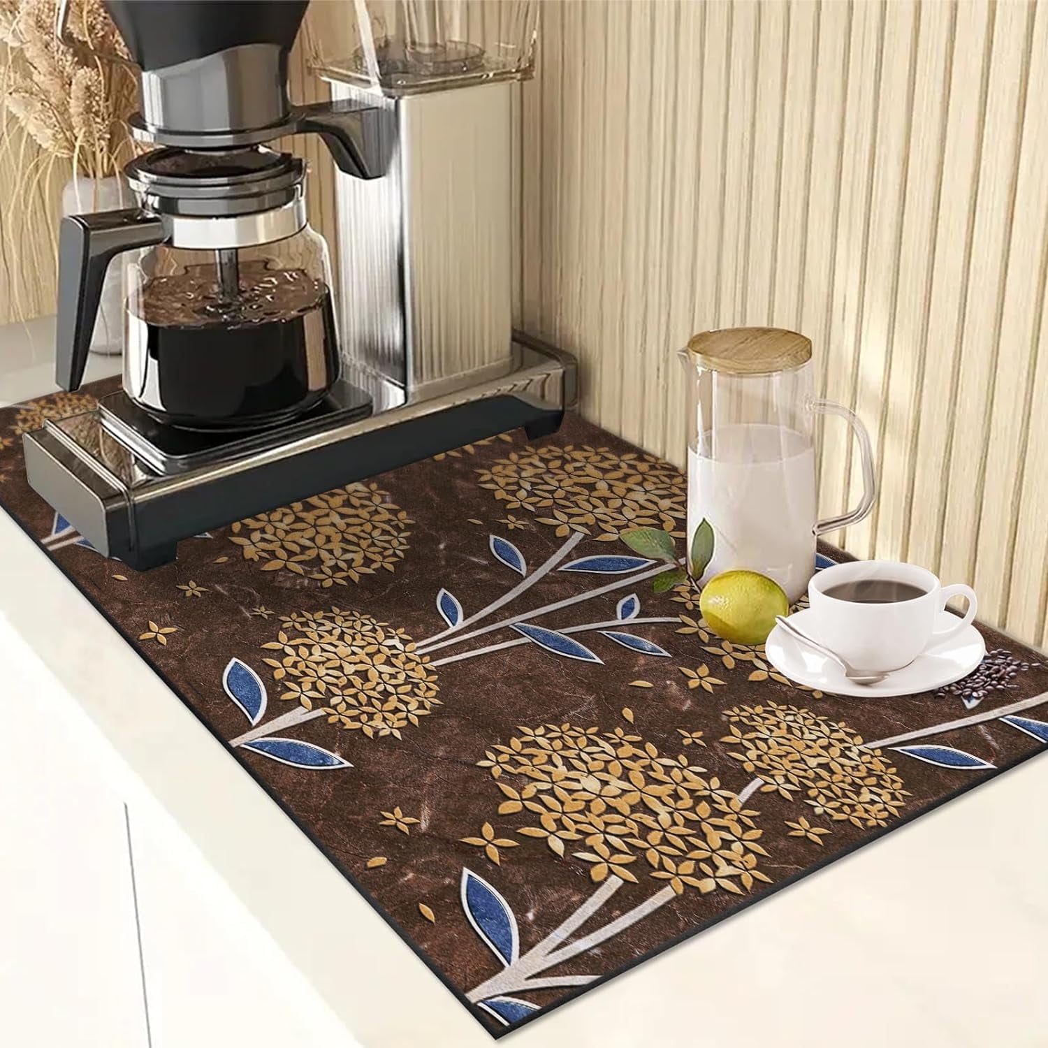 Coffee Mat for Countertops, Abstract Geometric Brown Floral Dish Drying ...