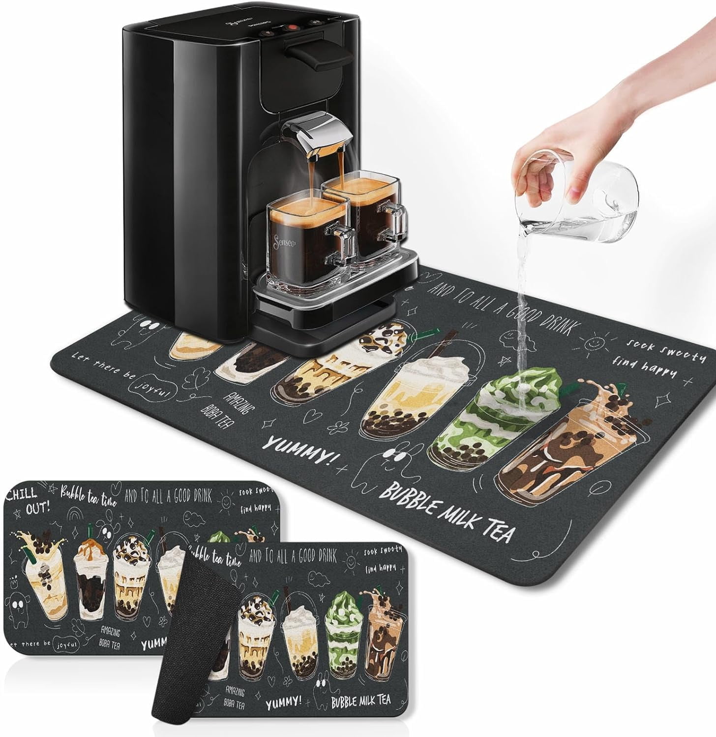 Coffee Mat for Countertops, Black Bubble Tea Pearl Milk Dish Drying Mat ...