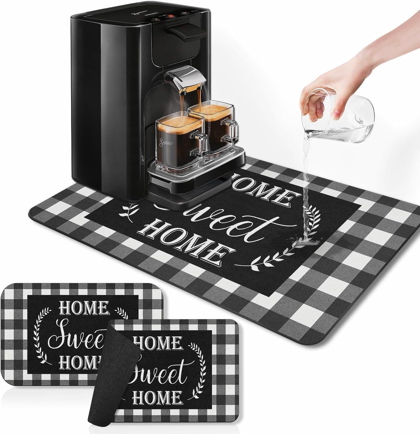 Coffee Mat for Countertops, Black White Grey Buffalo Grid Dish Drying ...