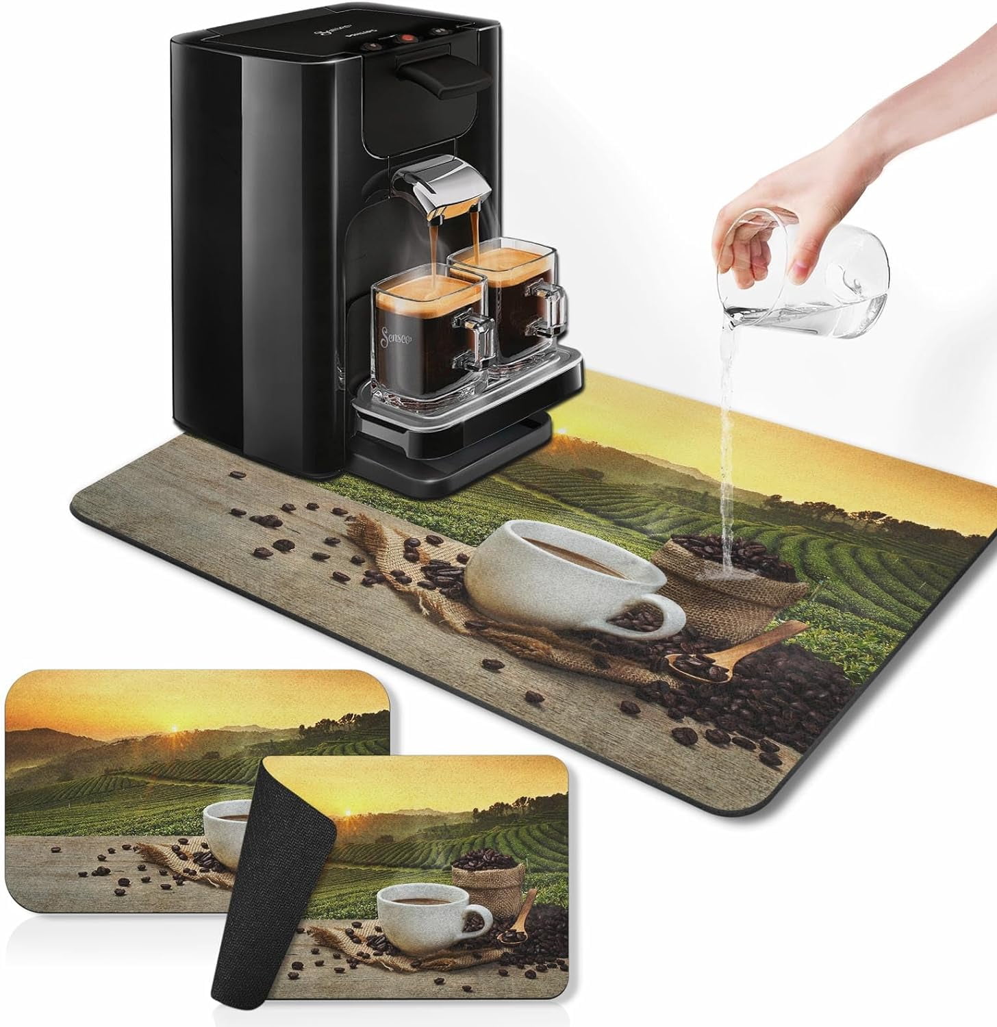 Coffee Mat for Countertops, Coffee Cup Wooden Sunrise Cafe Dish Drying ...