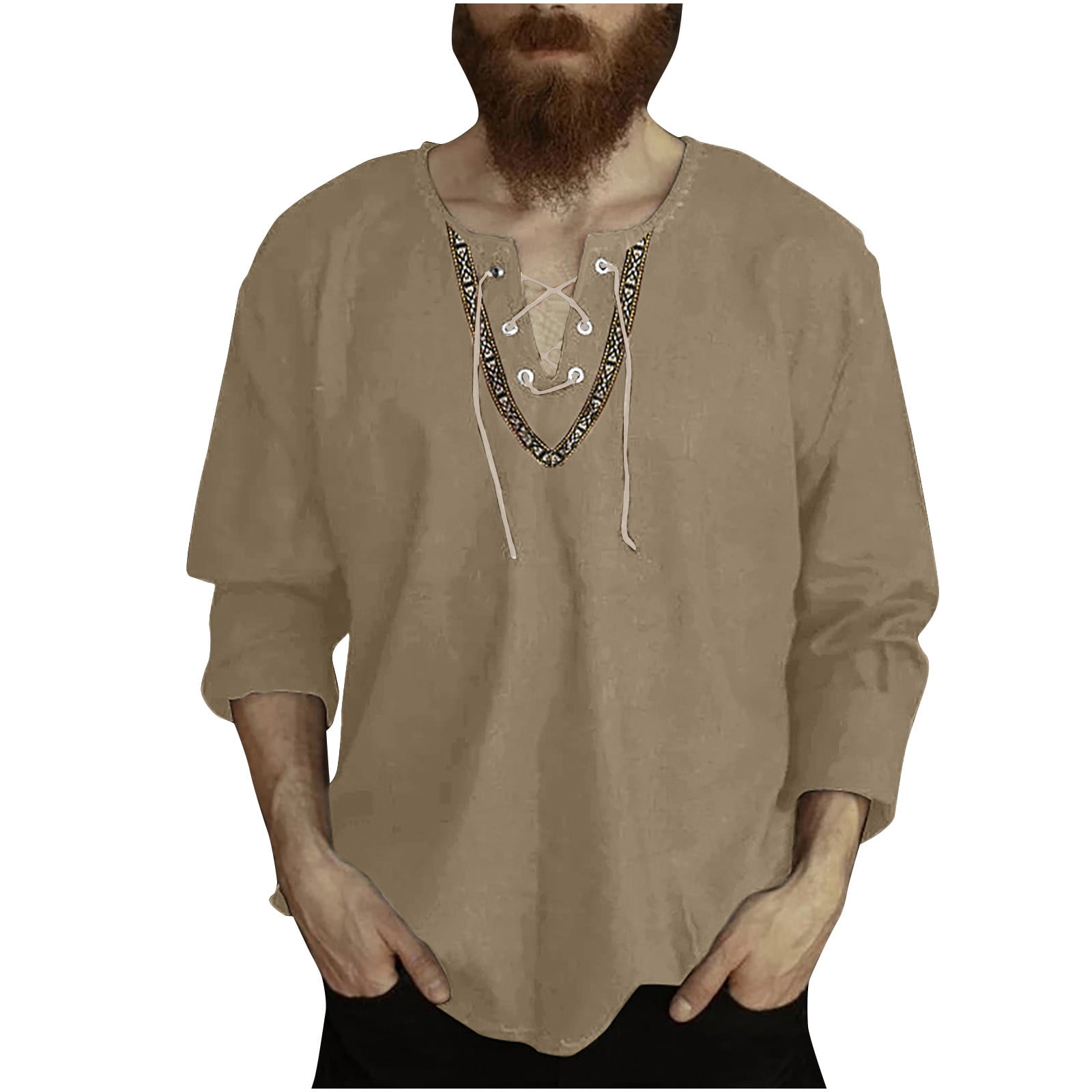 Coffee Mens Long Sleeve Tops Loose Fit Blouses for Mens Vneck Faux ...