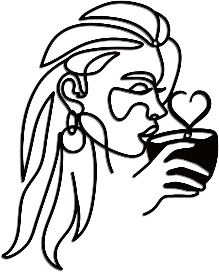 Coffee Metal Wall Art Decor Minimalist Woman Drinking Coffee Wall Art ...