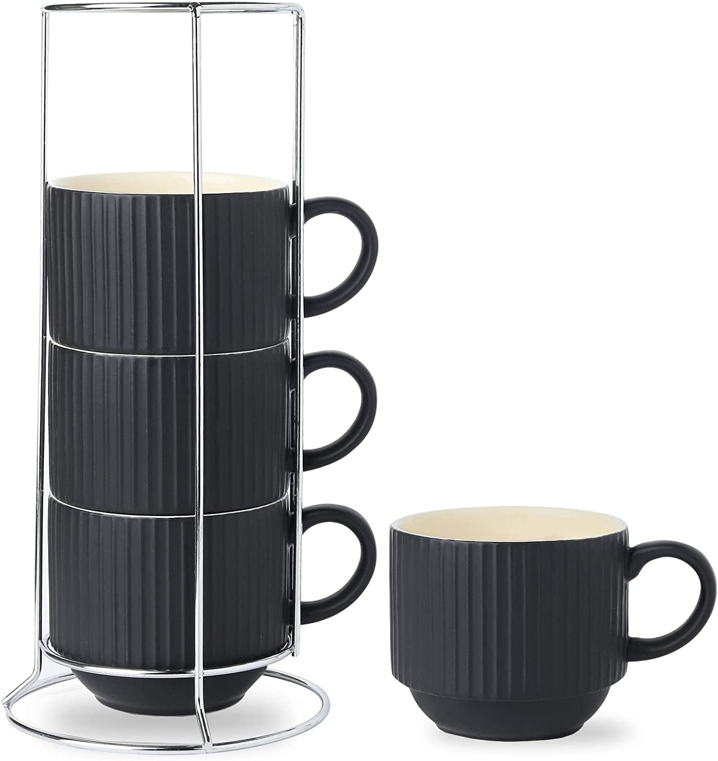 Coffee Mug Ceramic Set of 4 with Stand - 15 oz Stackable Large Porcelain Ribbed Latte Cup Set ...