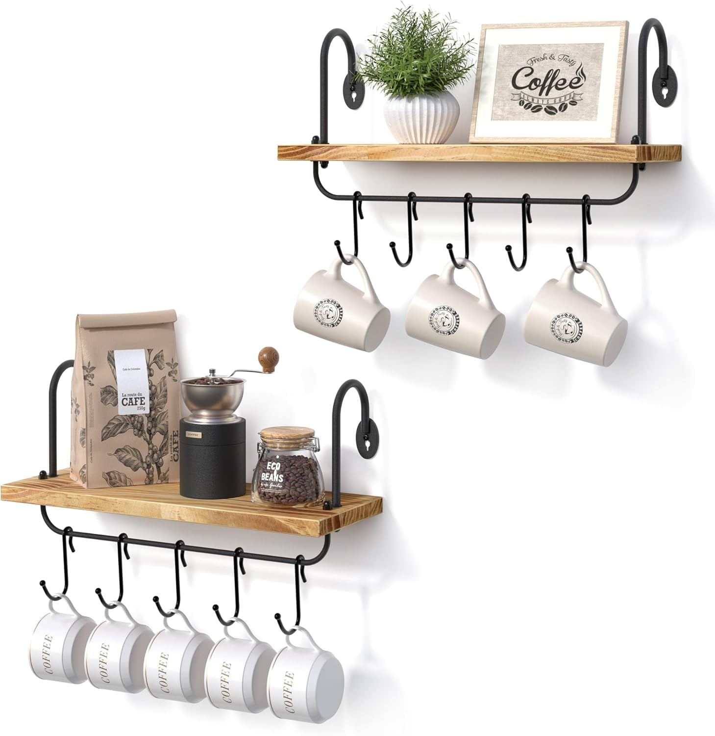 Coffee Mug Cup Holder Wall Mount, Floating Wall Shelves for Coffee Bar ...