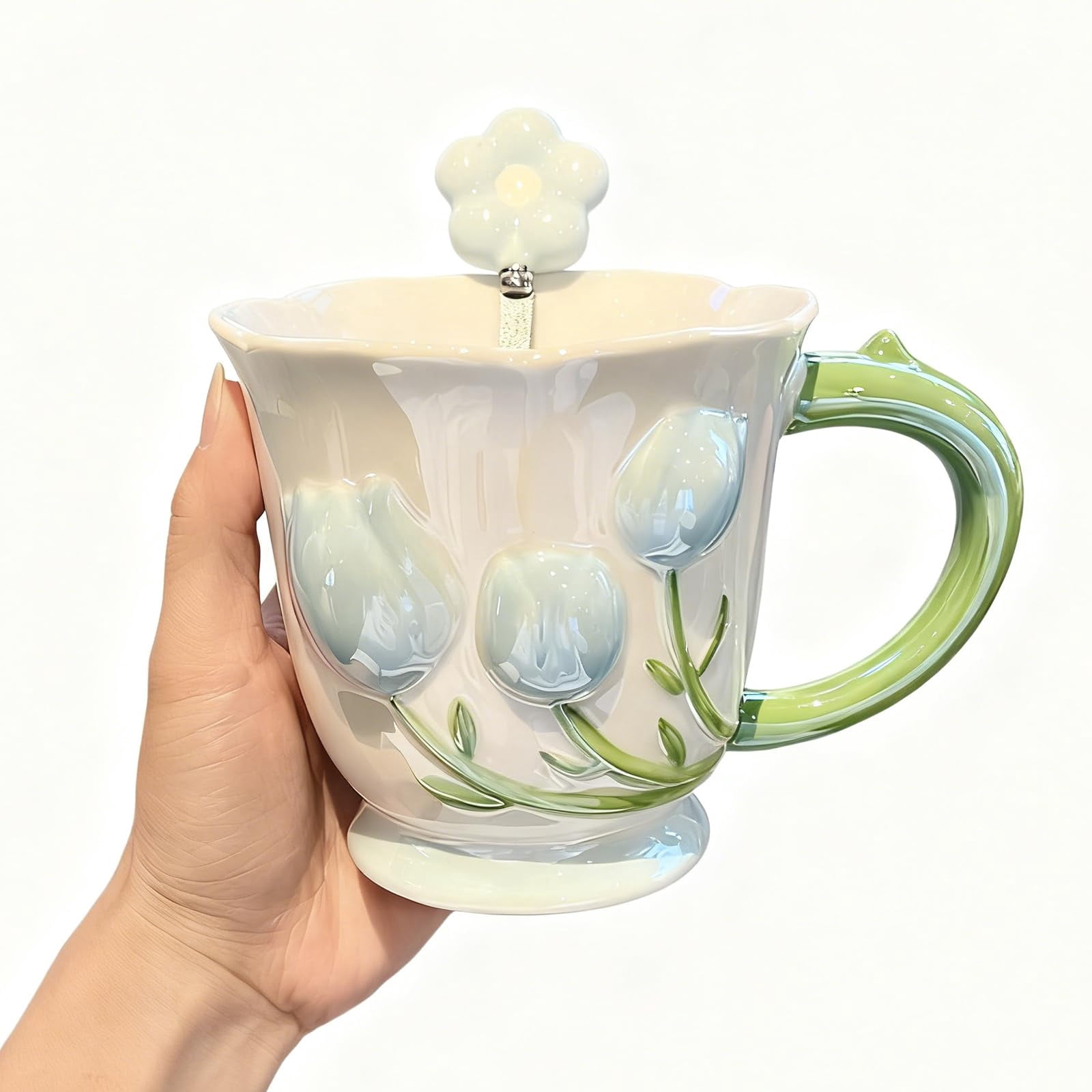 Coffee Mug Espresso Cup,Adorable 3D Tulip Ceramic Mug ，with and Spoon ...