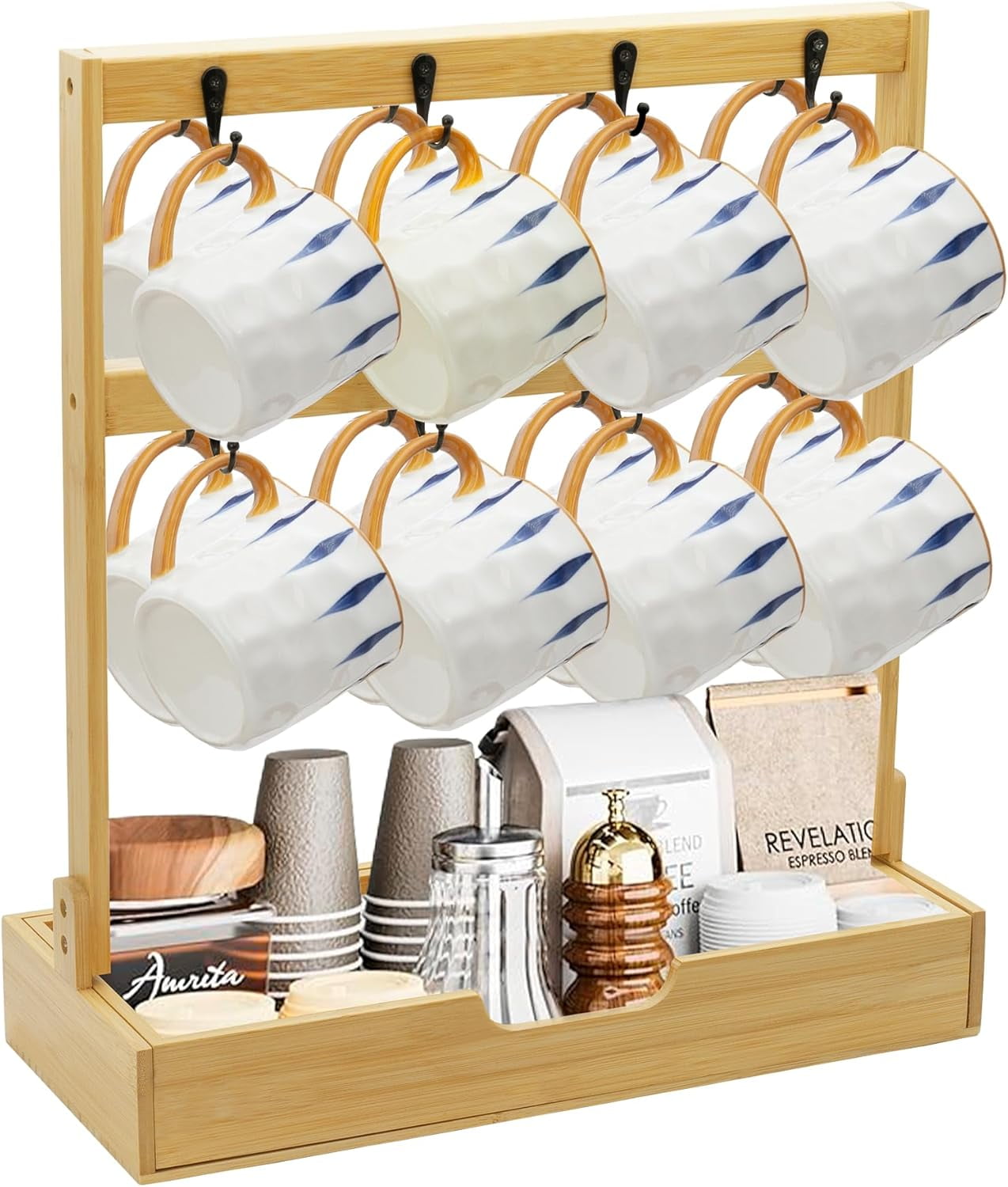 Coffee Mug Holder for Counter Top with 16 Hooks, 2 Tier Coffee Mugs ...