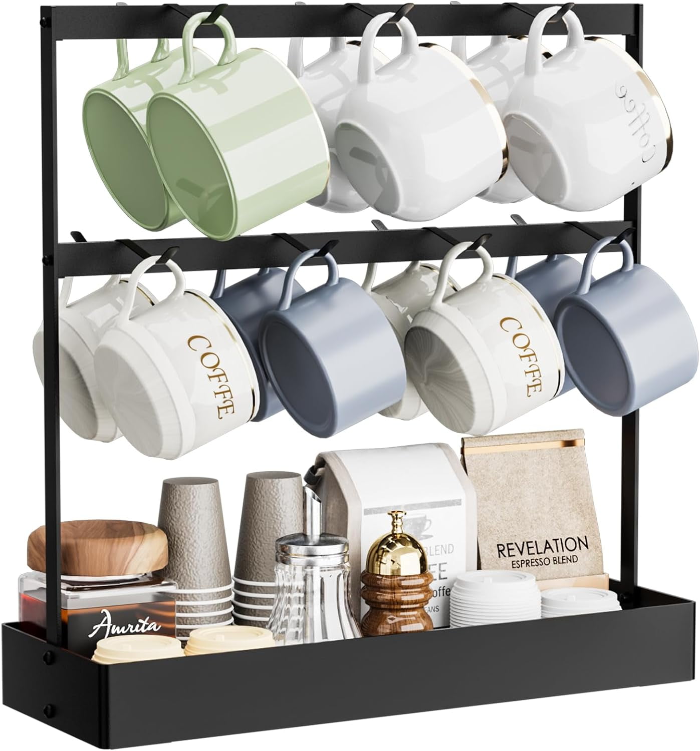 Coffee Mug Holder with Hooks, 14 Capacity Coffee Cup Holder for ...