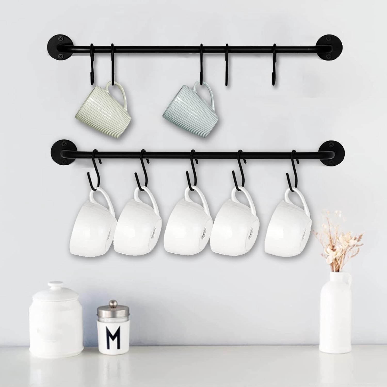 Coffee Mug Holder Wall Mounted, Black Metal Rod with 5 Removable Hooks ...