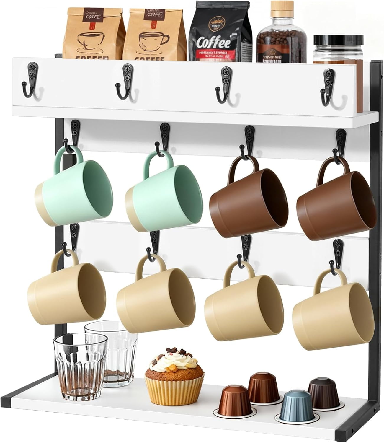 Coffee Mug Rack Holder Wall Mount – 2 Tier Mug Rack Stand with Storage ...