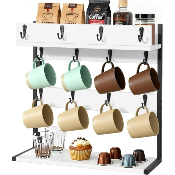 Coffee Mug Rack Holder Wall Mount – 2 Tier Mug Rack Stand with Storage ...