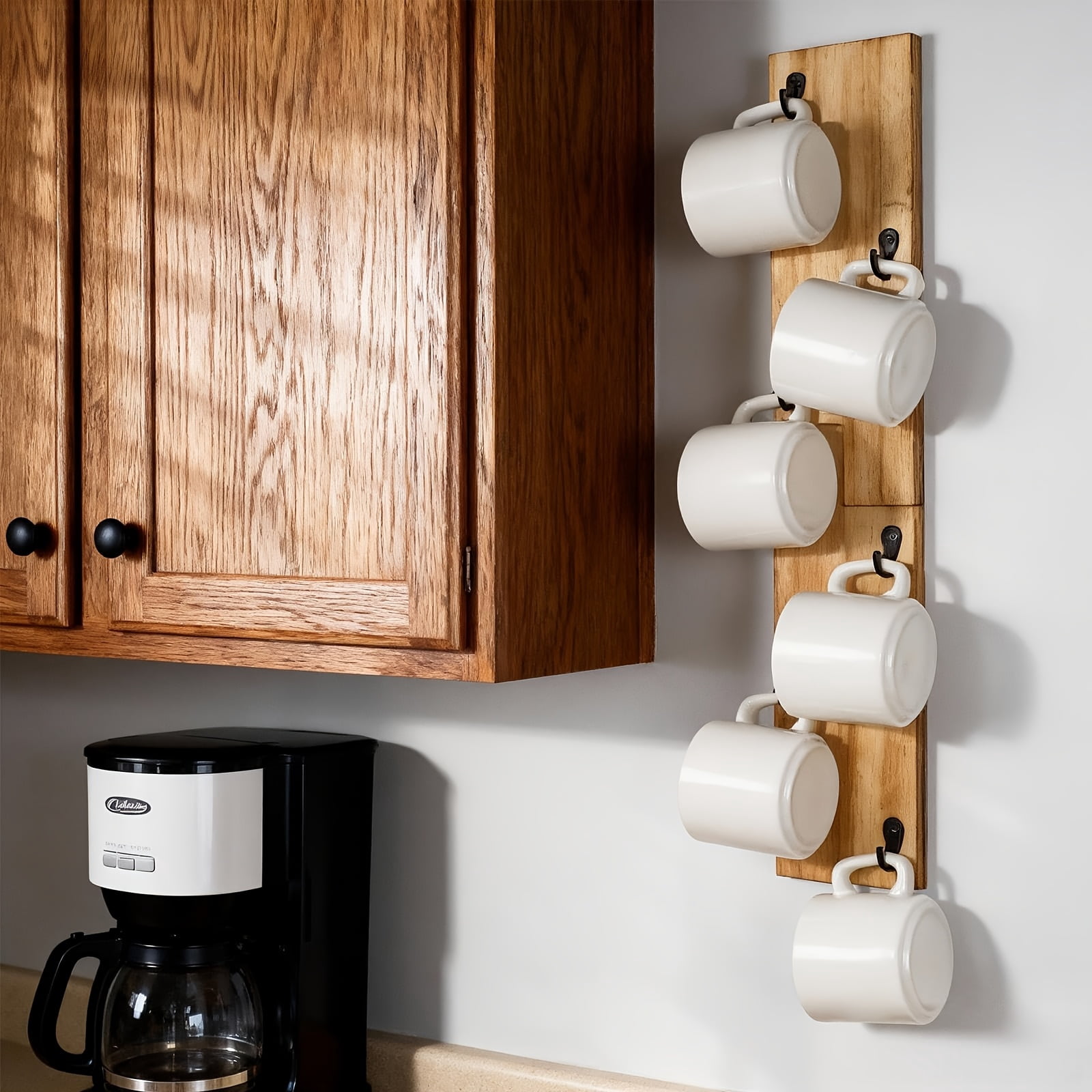 Coffee Mug Rack for Wall - 6-Hook Sturdy Wooden Cup Holder for Kitchen ...