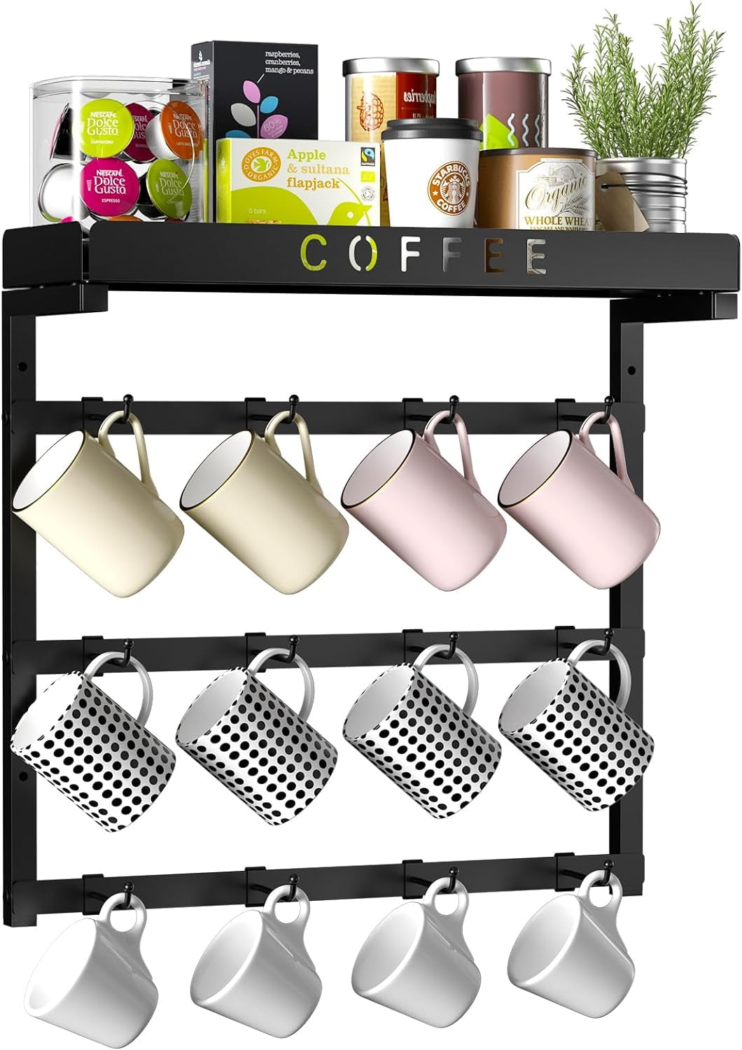 BOIVSHI Wall Mounted Coffee Mug Rack with Adjustable 12 Cup Hooks and ...
