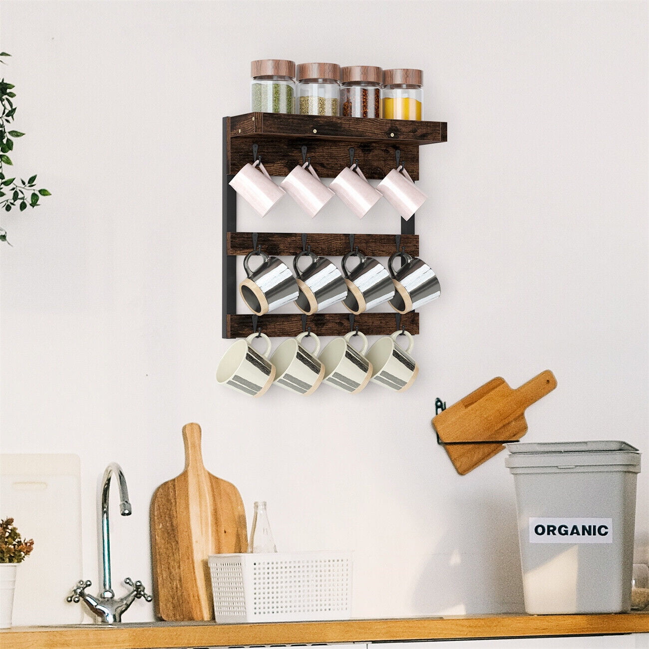 Coffee Mug Rack Wall Mounted Rustic Wood Cups Rack with 12 Hooks ...