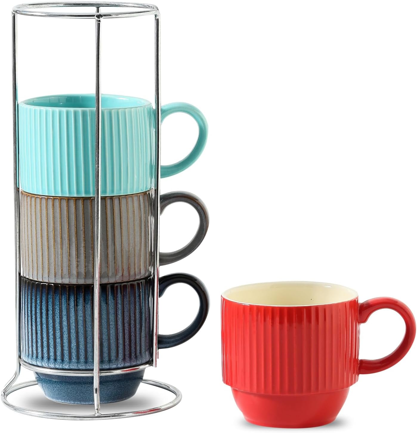 Coffee Mug Set of 4 with Holder - 12 oz Stackable Large Ceramic Ribbed ...