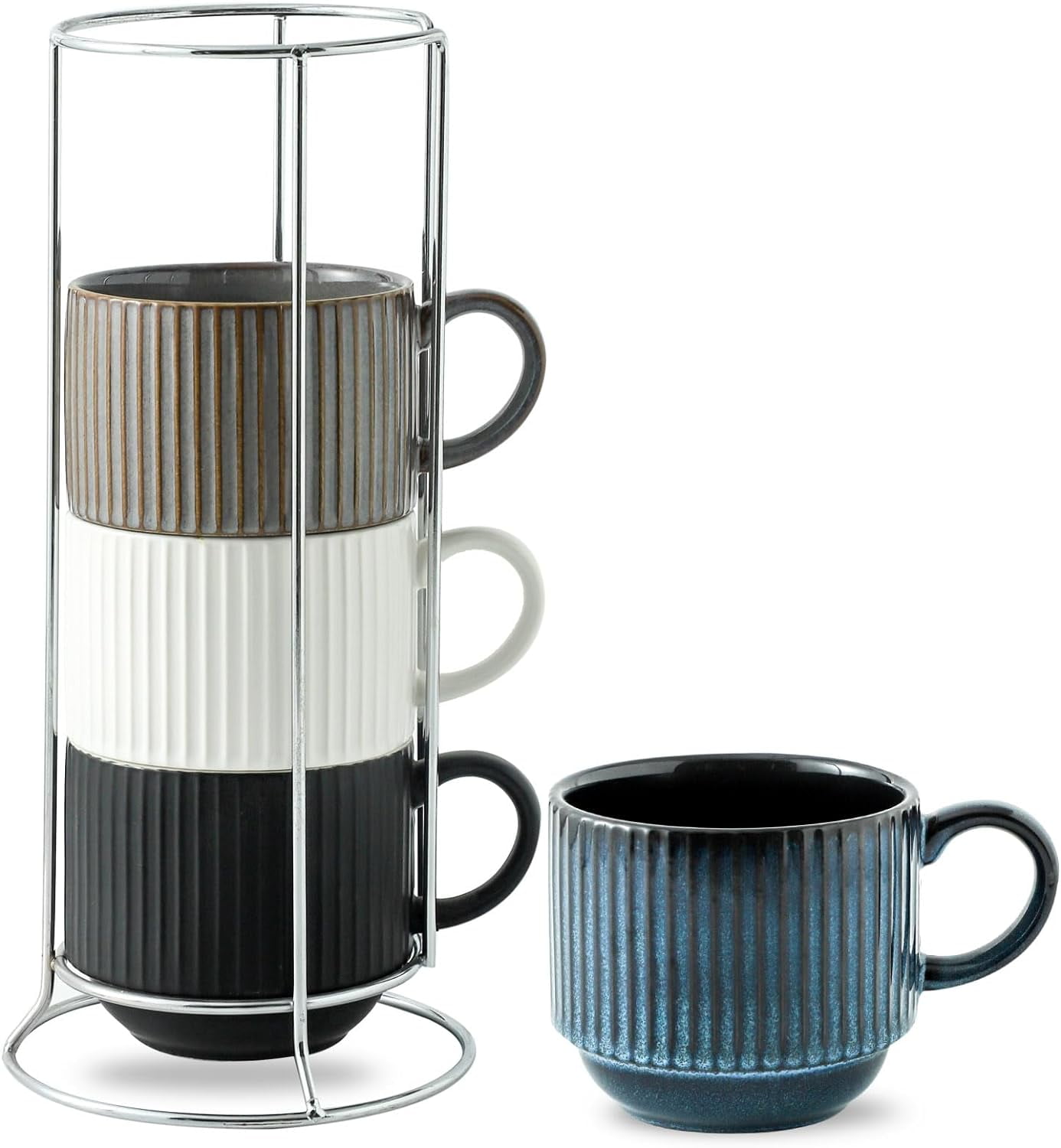 Coffee Mug Set of 4 with Holder - 15 oz Stackable Large Ceramic Ribbed ...