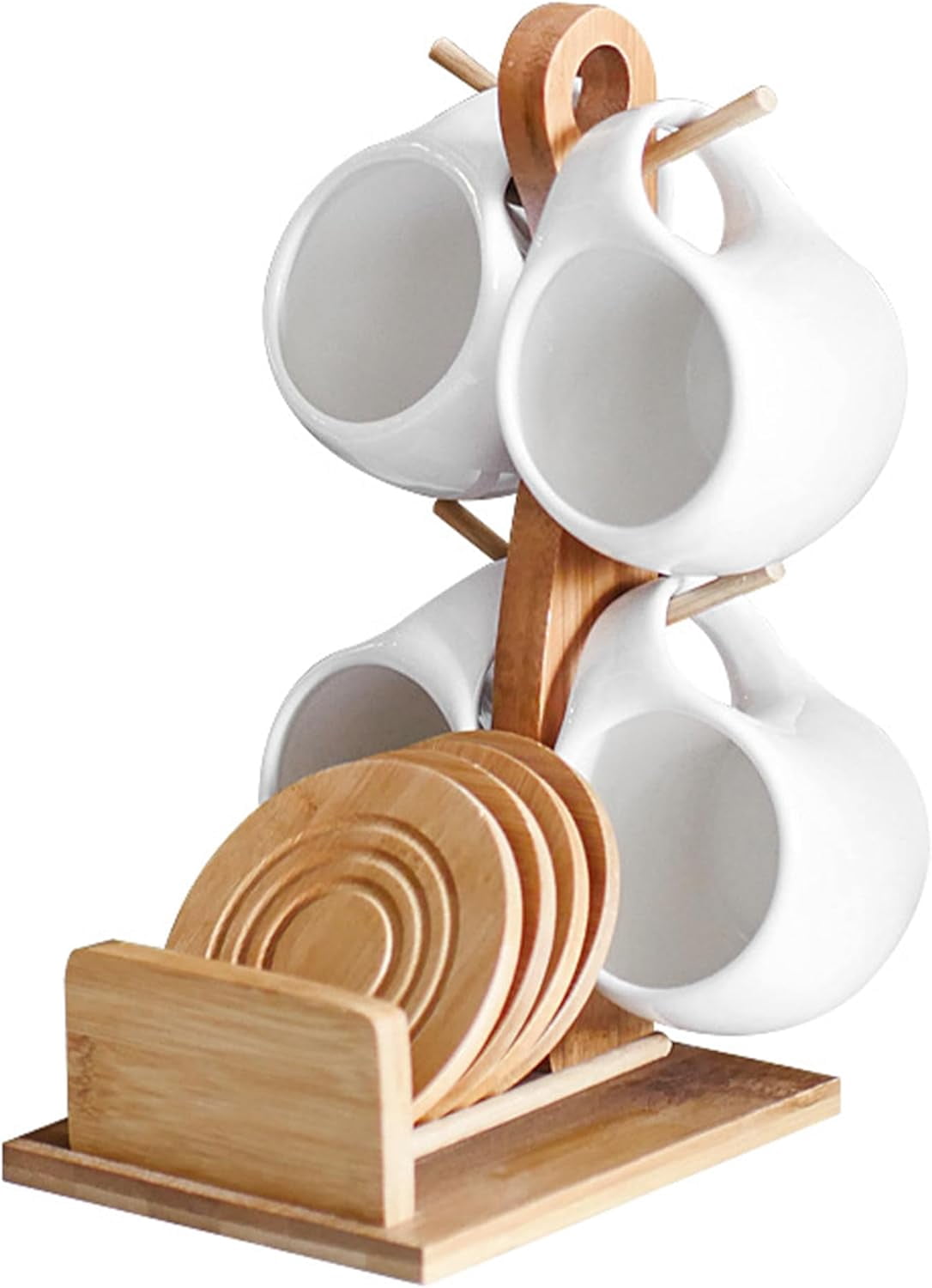 Coffee Mug Set, Ceramic Coffee Mug with Wooden Cup Holder and 6 Hooks ...