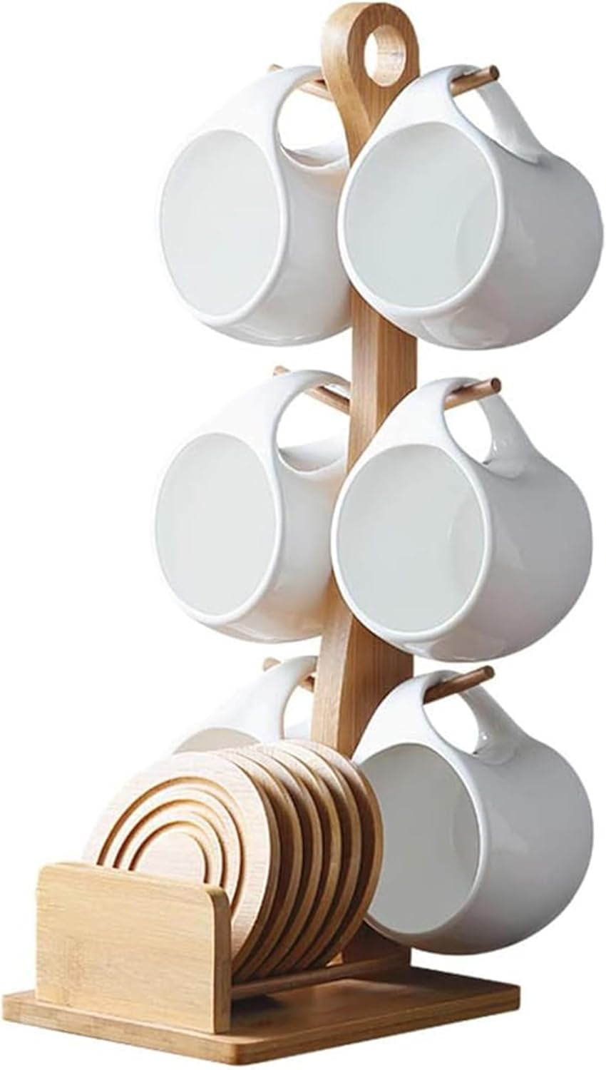 Coffee Mug Set, Ceramic Coffee Mug with Wooden Cup Holder and 6 Hooks ...