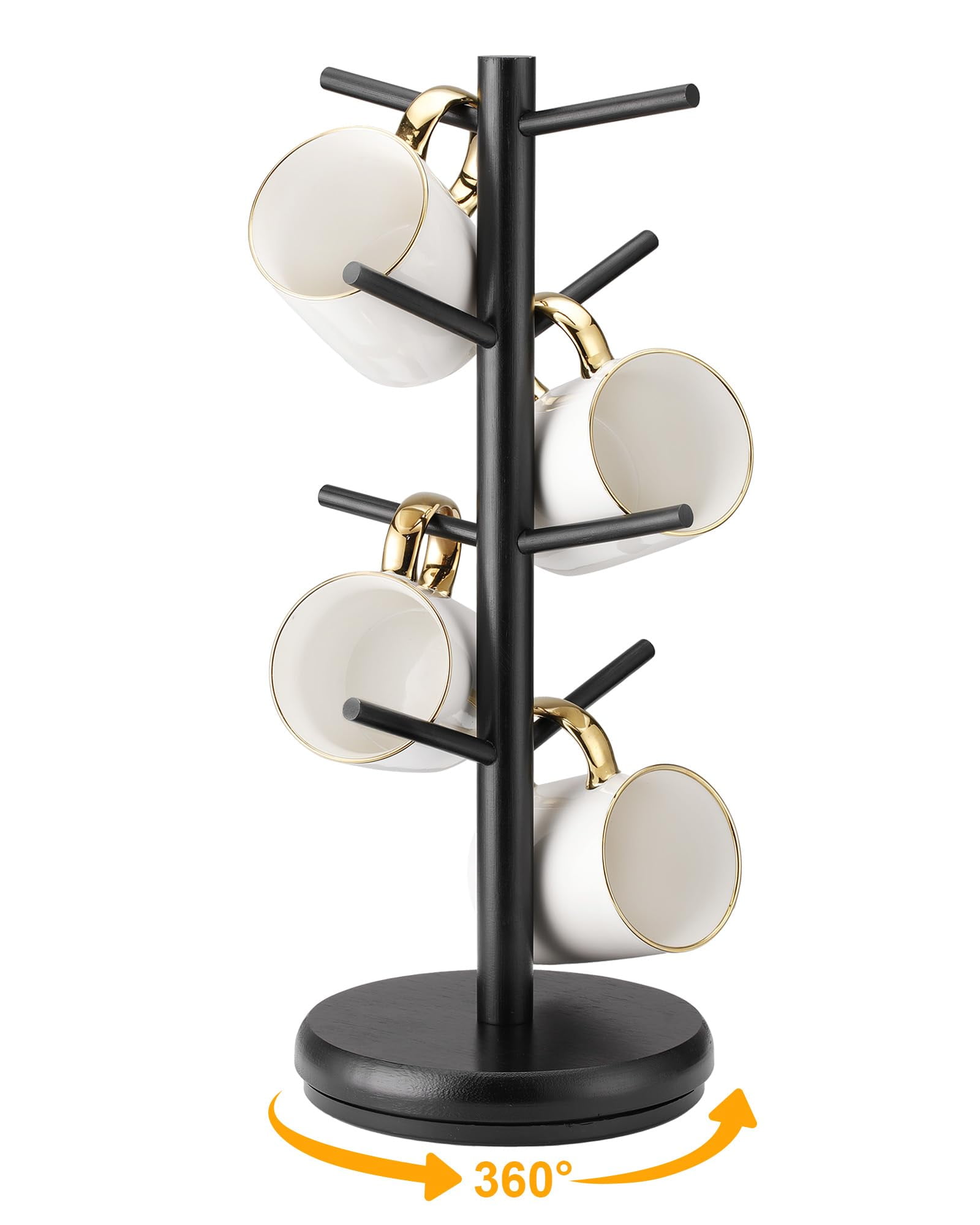 Coffee Mug Tree, 360° Rotated Mug Holder with 8 Hooks, Wooden Coffee ...