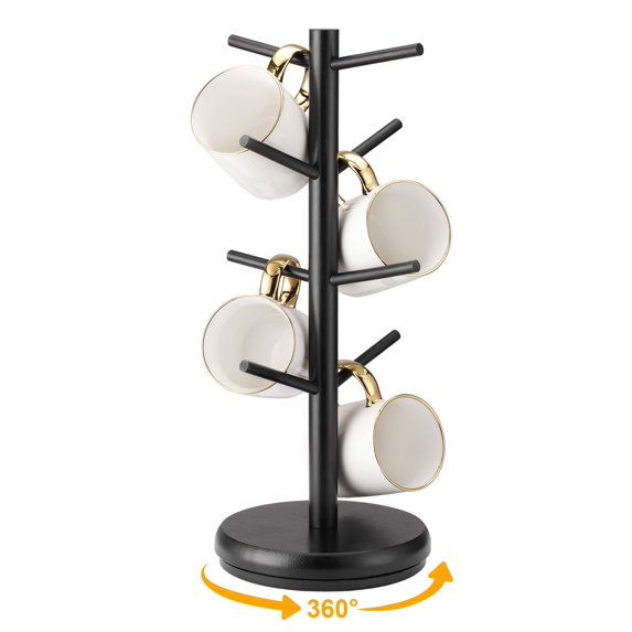 Coffee Mug Tree, 360° Rotated Mug Holder with 8 Hooks, Wooden Coffee ...