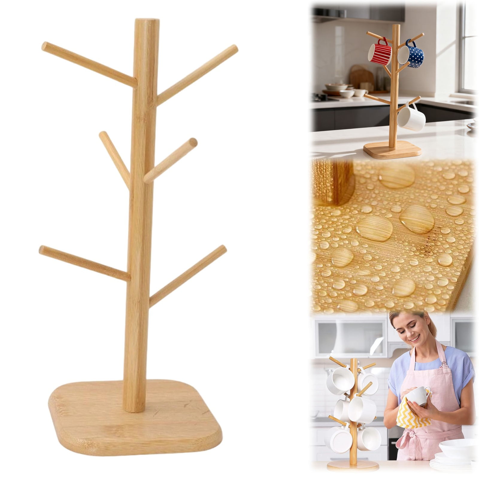 Coffee Mug Tree, 6-Hook Bamboo Mug Holder, Wooden Coffee Cup Holder ...