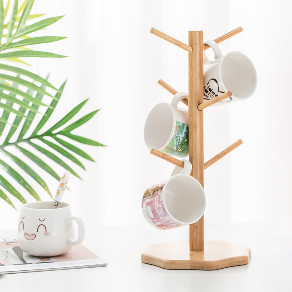 Coffee Mug Tree with 6 Hooks, Mug Tree Stand, Bamboo Coffee Cup Holder ...