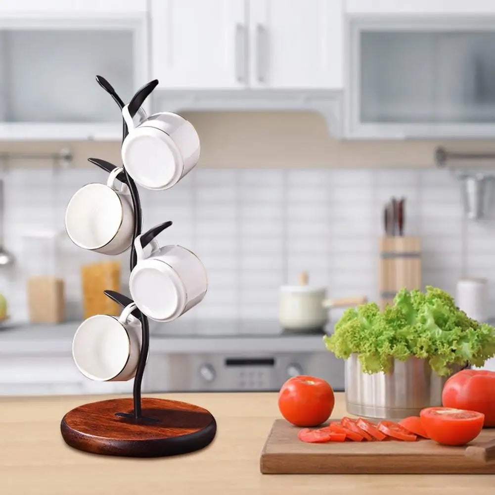 Coffee Mug Tree Rack Stand | Iron & Wood Non-Slip Base | Holds 5 ...