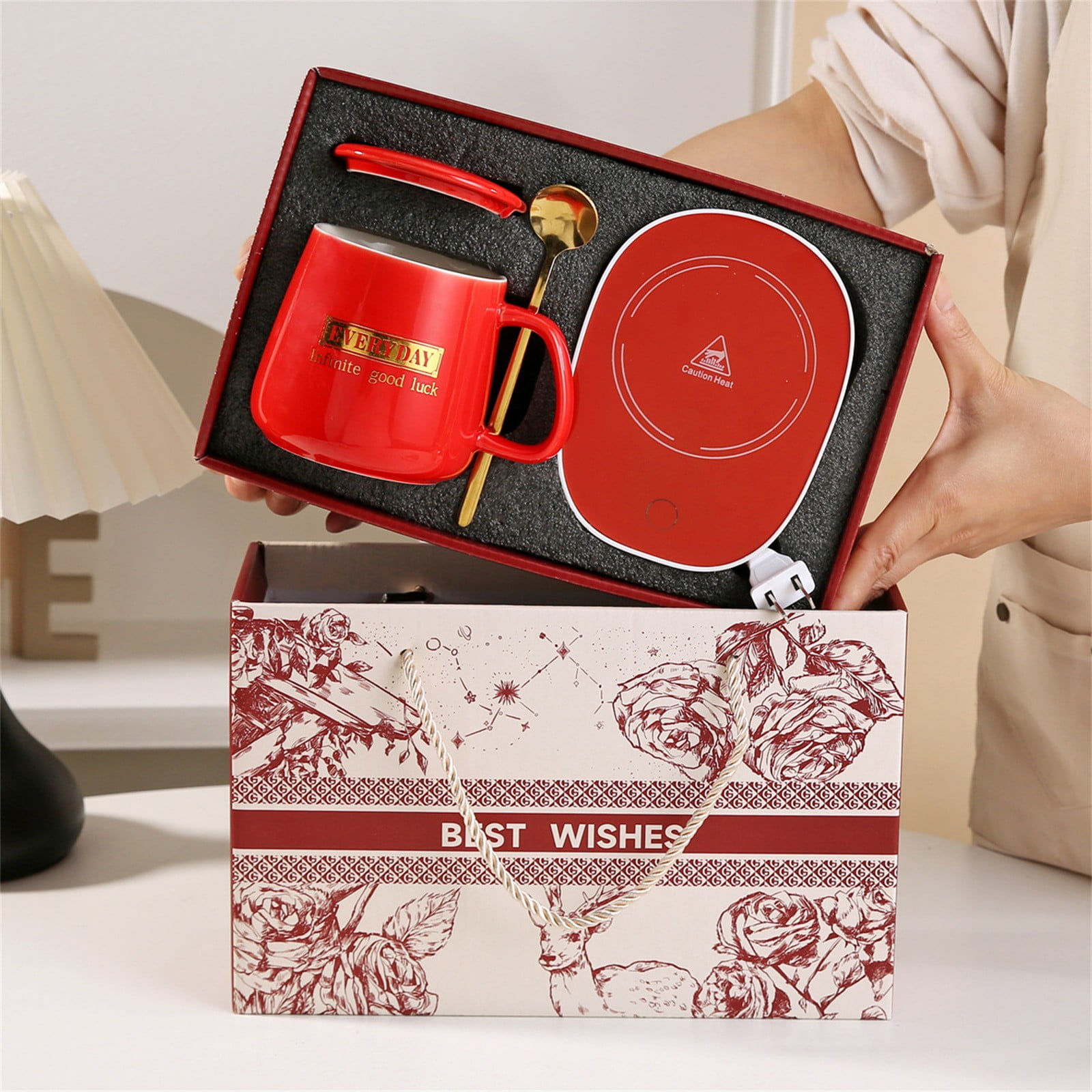 Coffee Mug Warmer & Mug Set, Self Heating Mug with Lid Heated Cup Mat ...