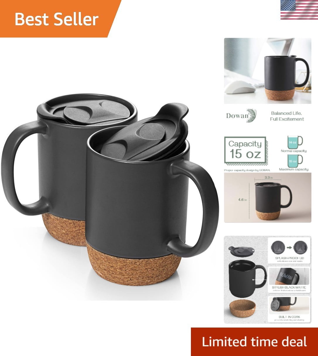 Coffee Mugs, 15 oz Mug Set of 2, Large Ceramic Coffee Mug with Cork ...