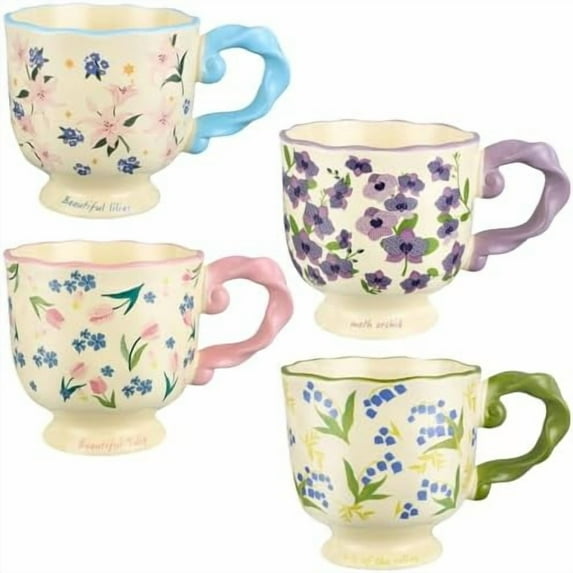Coffee Mugs Set of 4, Vintage Flower Ceramic Mugs 12 oz Aesthetic ...