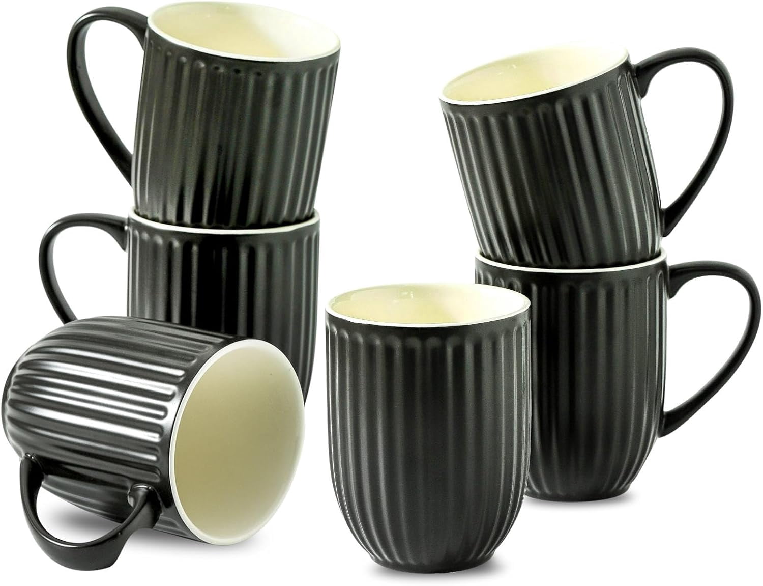Coffee Mugs Set of 6, 16 Oz Large Ceramic Ribbed Latte Cups with Big ...