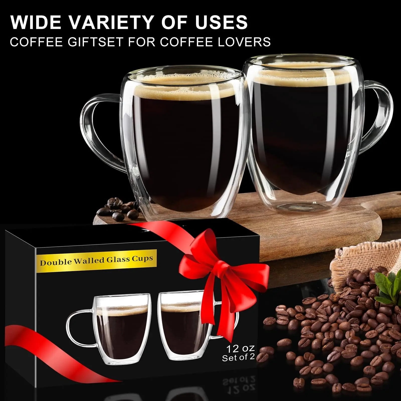 Coffee Mugs Set of 2, Double Wall Coffee Mug 12 OZ, Glass Coffee Mugs ...