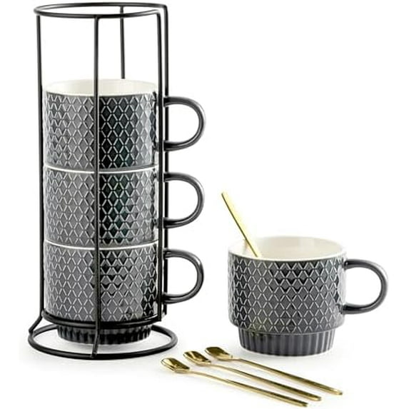 Coffee Mugs Set of 4, 13 Ounce Stackable Coffee Mug Set with Stand ...