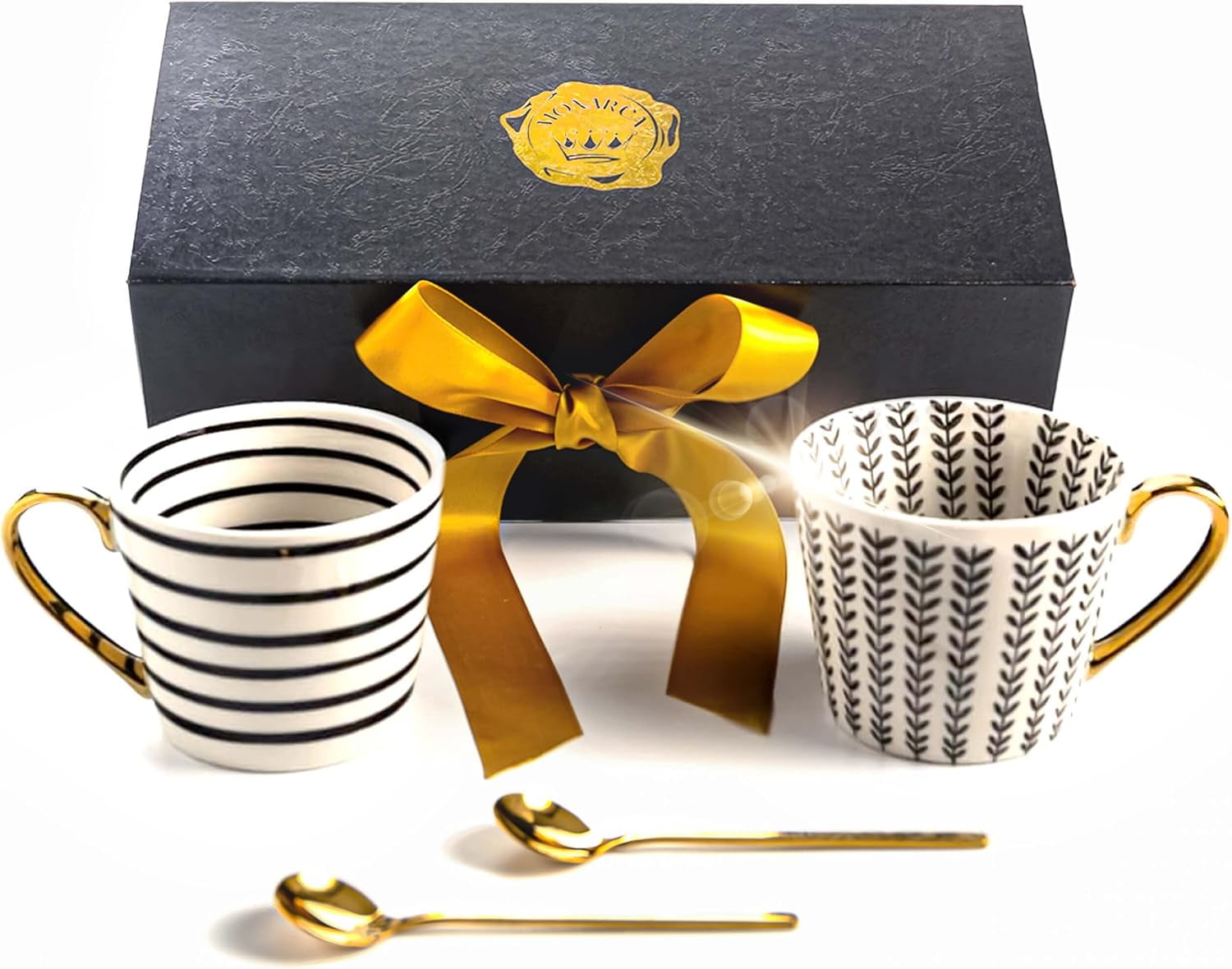 Coffee Mugs and Spoon Ceramic Set of 2 12 oz. Elegant Wedding Gift Box ...