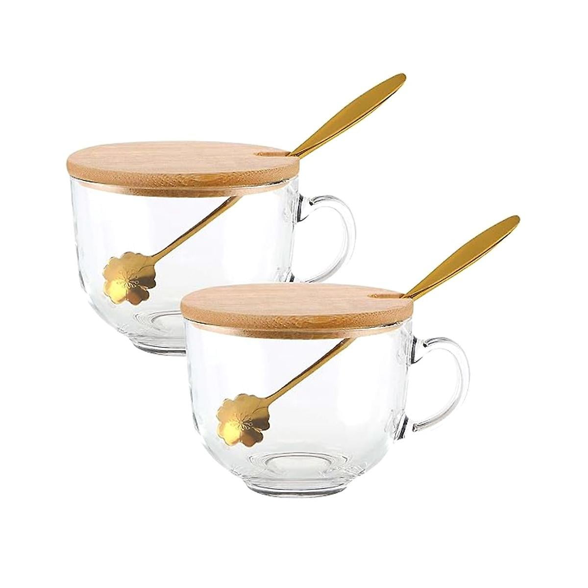 Coffee Mugs With Handle, Glass Cups With Bamboo Lids& Spoons, Clear ...