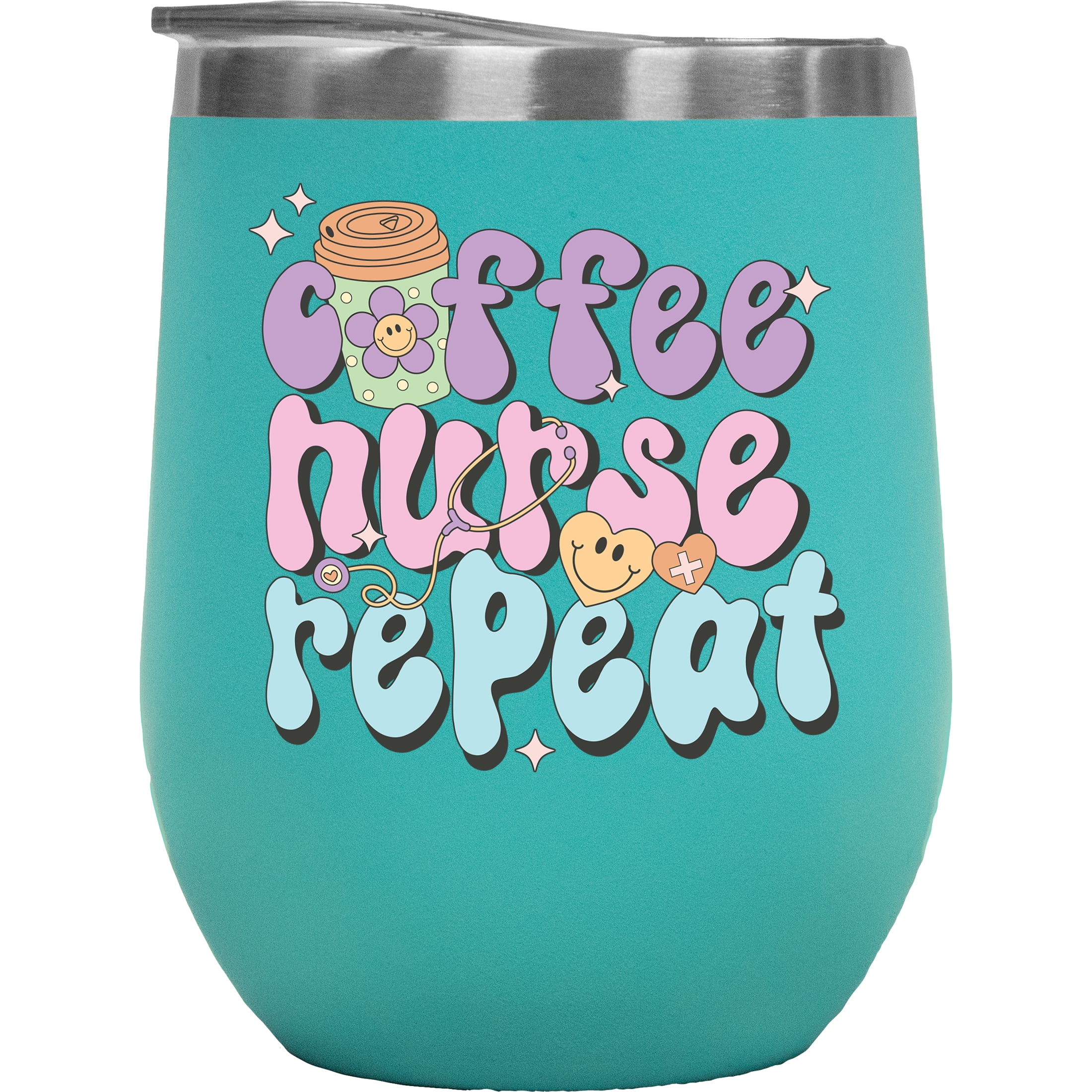 Coffee, Nurse, Repeat, Retro Nursing Merch Gift, Mint 12oz Wine Tumbler ...